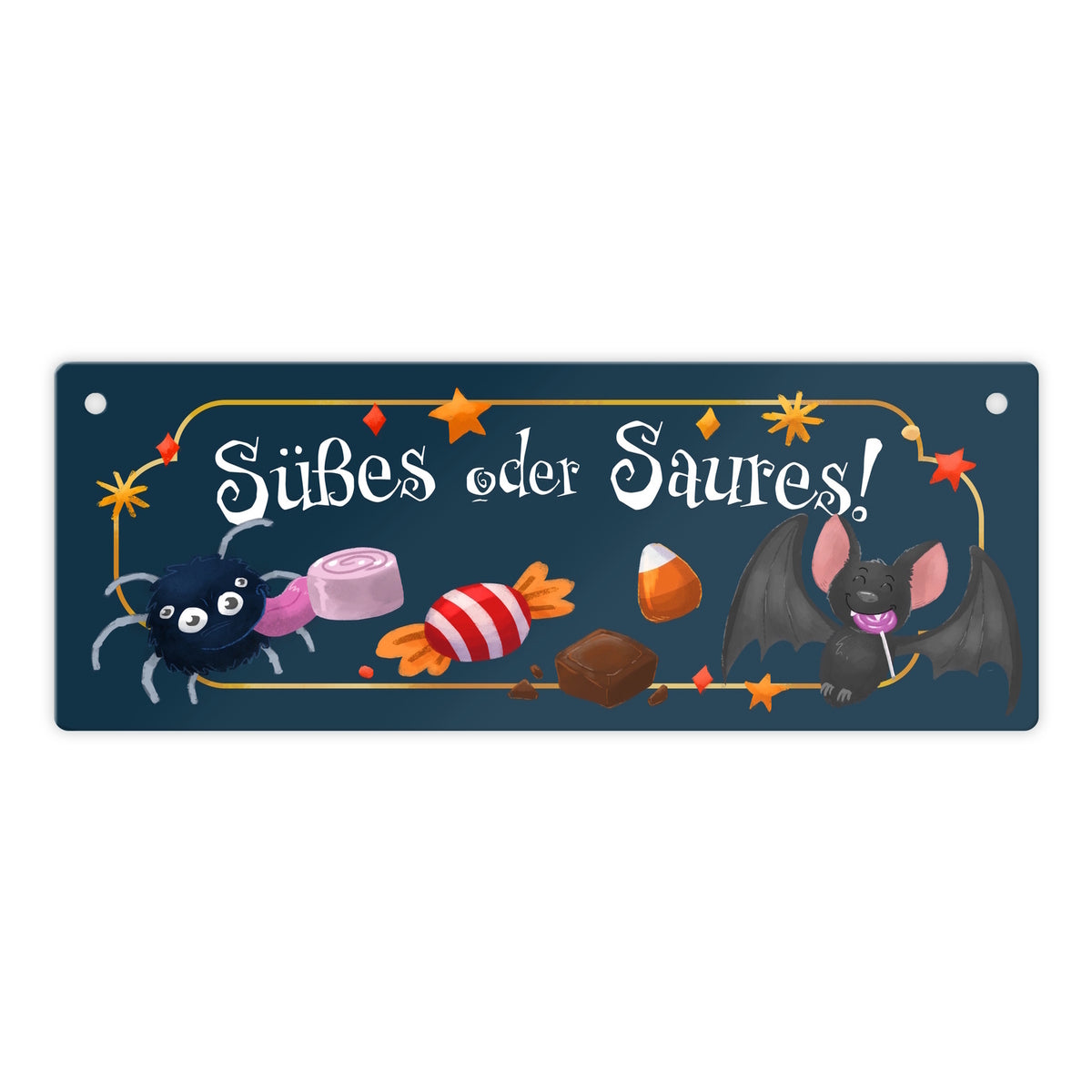 Süßes oder Saures Halloween Metallschild mit Spinne und Fledermaus ...